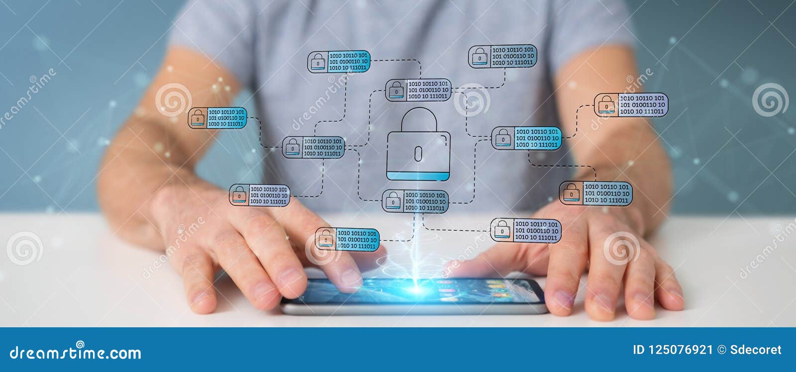 Businessman Protecting His Datas with Thin Line Security Interfa Stock ...