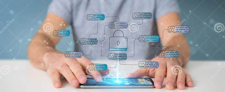 Businessman Protecting His Datas with Thin Line Security Interfa Stock ...