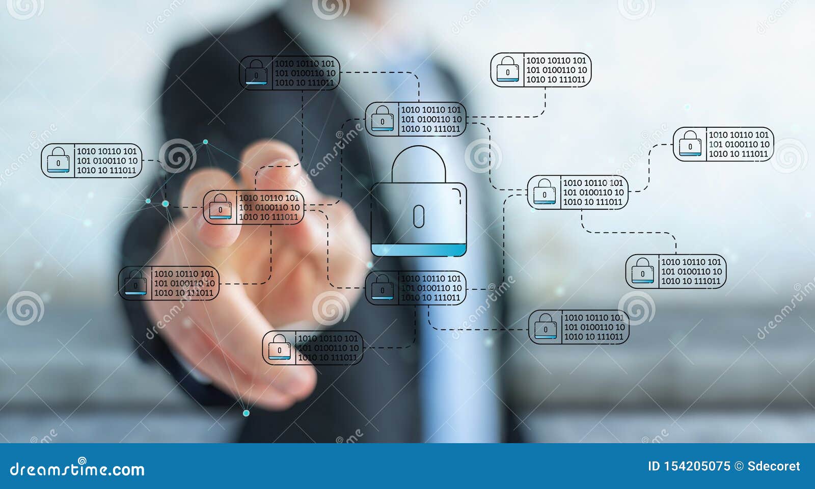 Businessman Protecting His Datas with Thin Line Security Interface ...