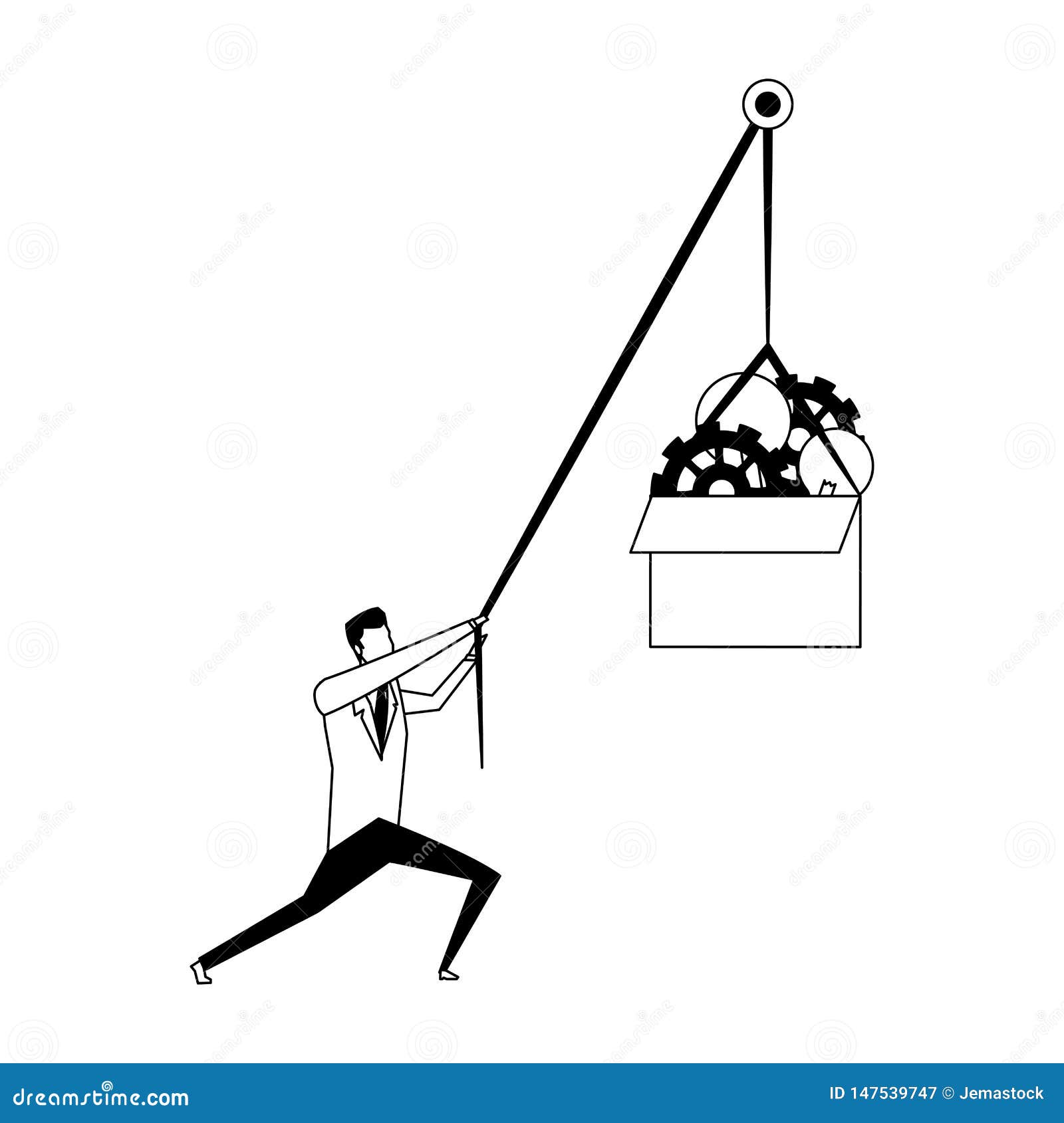 Businessman Pulling Box with Gears and Bulb Inside in Black and White ...