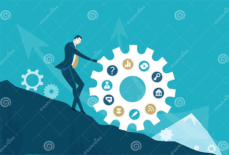 Businessman Pulling the Gear Up To the Hill. Solving the Problems ...