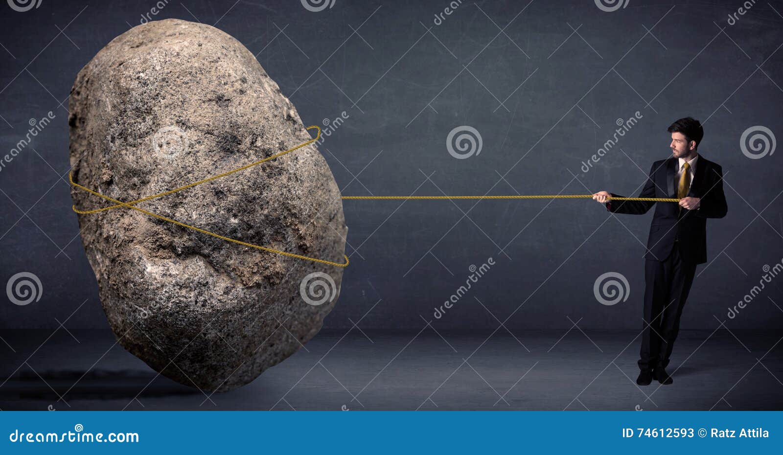 Businessman Pulling Huge Rock with a Rope Stock Image - Image of ...