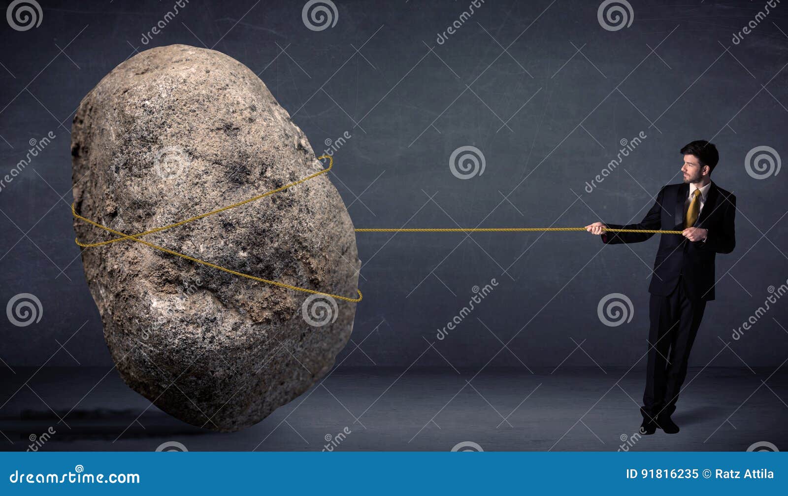 Businessman Pulling Huge Rock with a Rope Stock Illustration ...