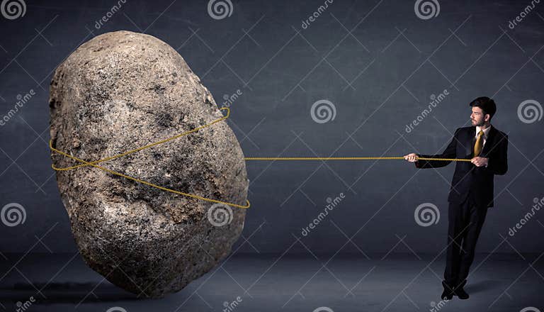Businessman Pulling Huge Rock with a Rope Stock Illustration ...