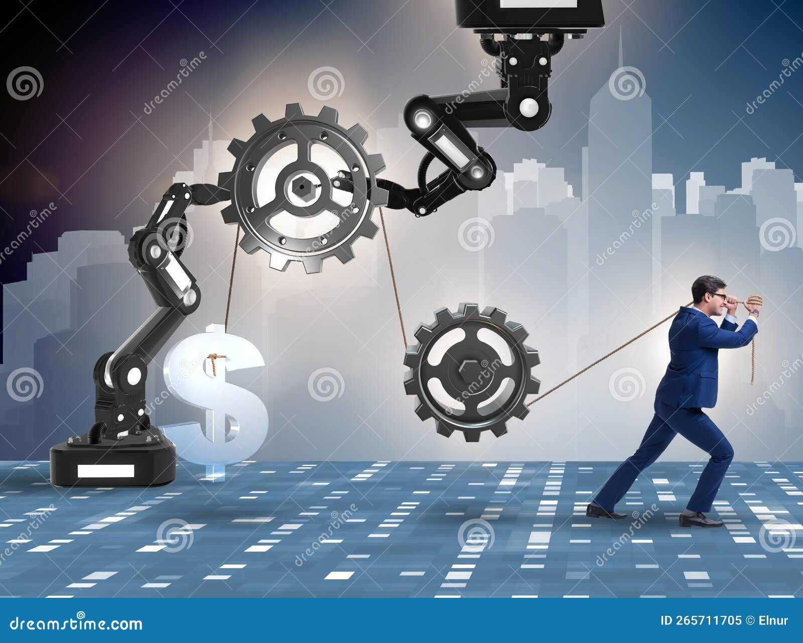 Businessman Pulling Mechanism and Raising Dollar Stock Illustration ...