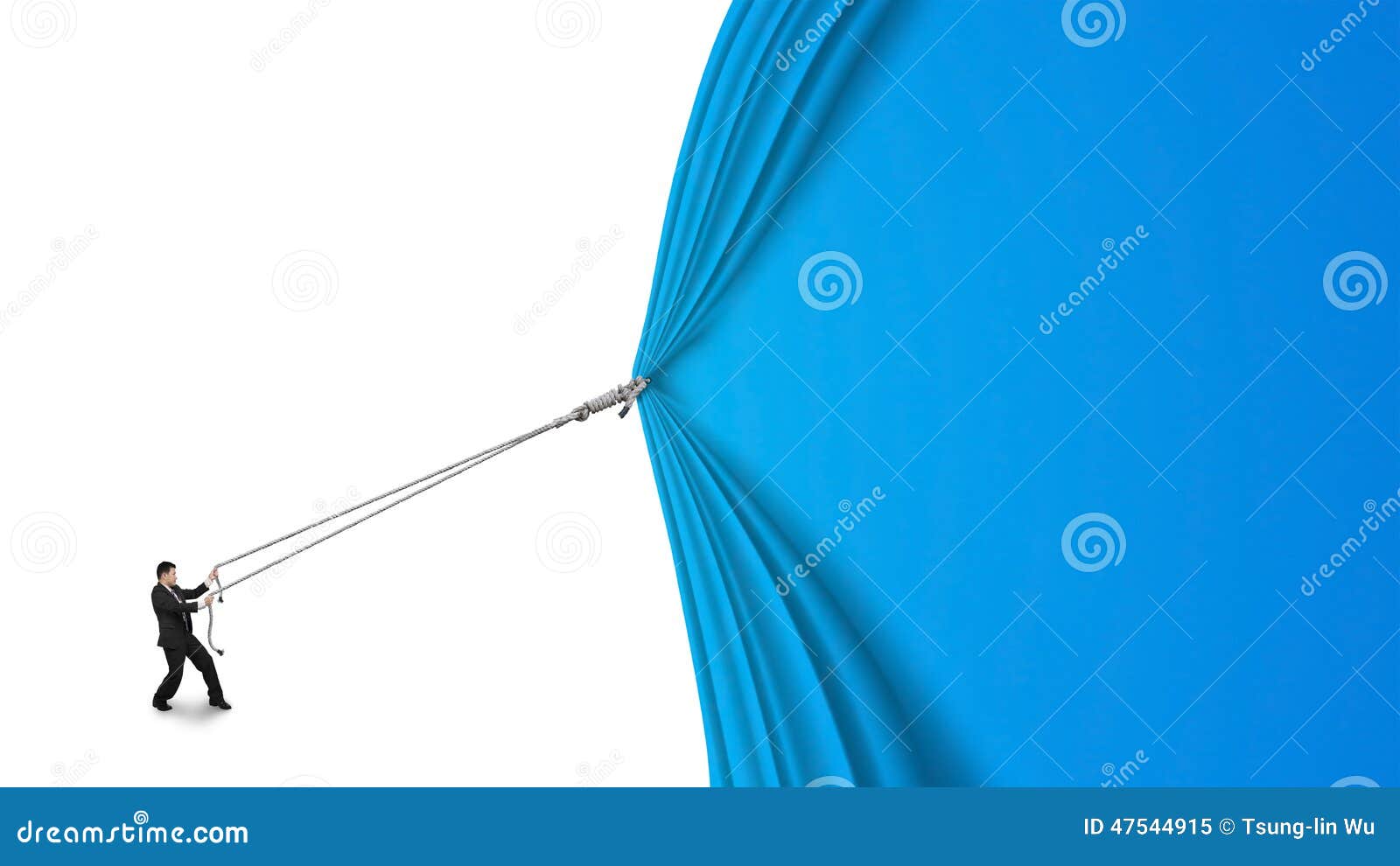 Businessman Pulling Open Blue Curtain With Blank White Background ...