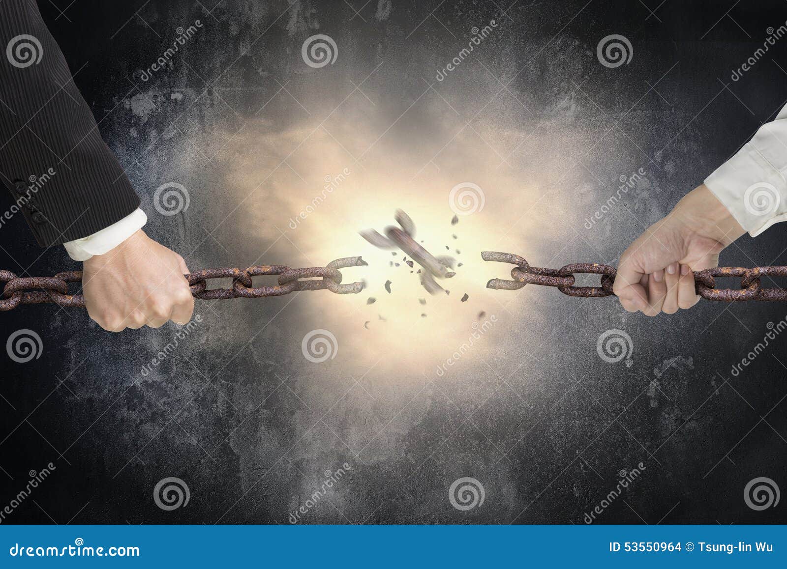 Businessman Pulling Rusty Iron Chains Broken with Dark Concrete Stock ...