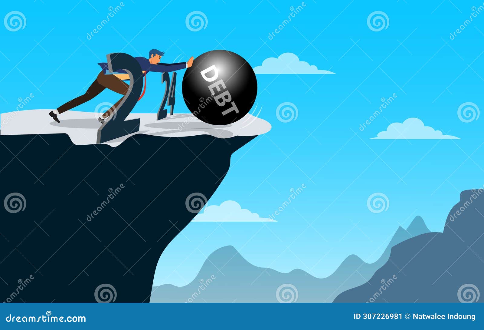 A Businessman Push the Debt Over a Cliff. Decrease, Lower, and Zero Debt in 2024 Concept ...