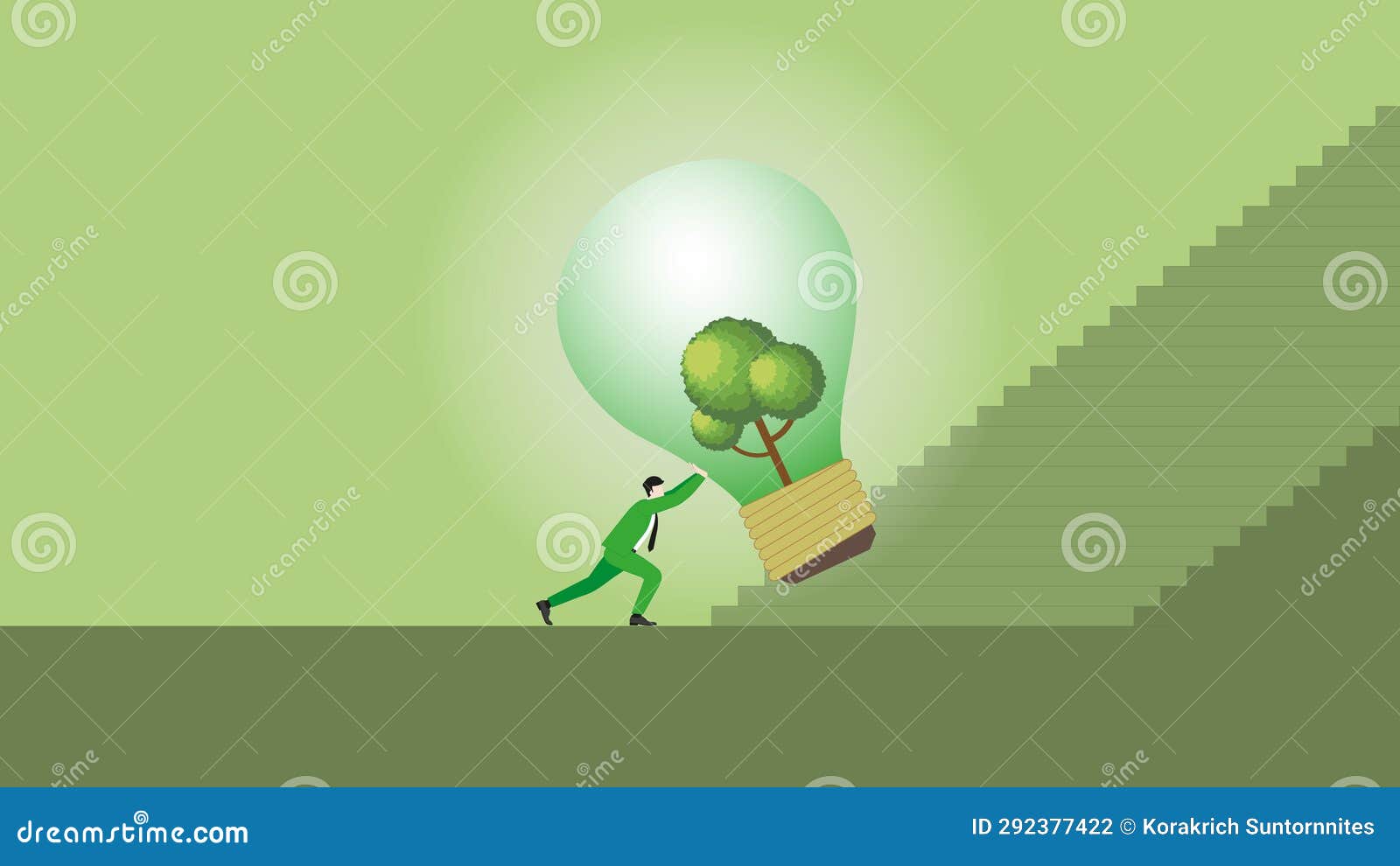 A Businessman Pushes a Big Tree Lightbulb, Steps Up a Stair Stock ... A Businessman Pushes a Big Tree Lightbulb, Steps Up a Stair Stock ...