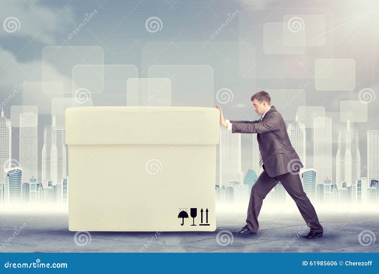 Businessman Pushing Big White Box Stock Photo - Image of businessman ...