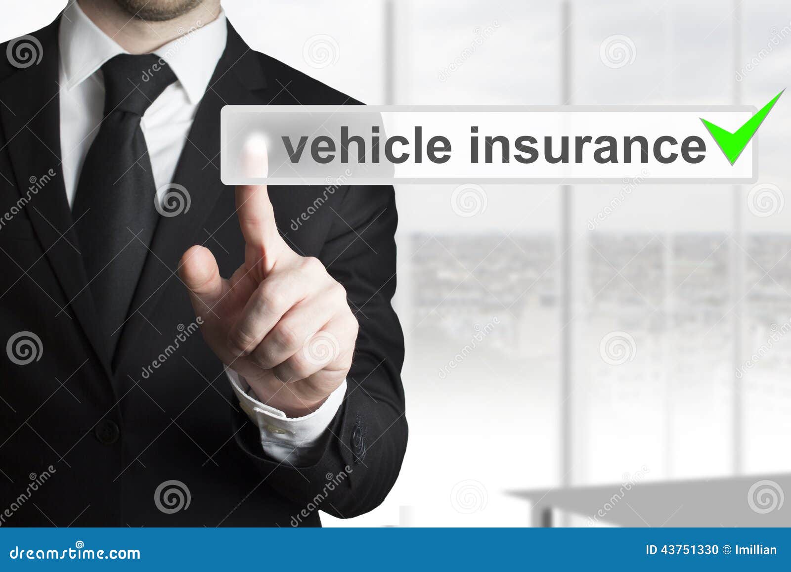 Businessman Pushing Button Vehicle Insurance Green Check Stock Photo ...