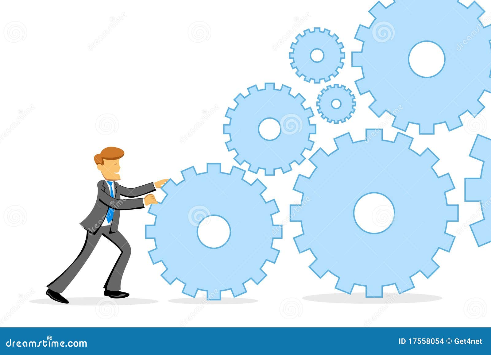 Man Pushing Gears In The Mechanism On A Blue Background Royalty-Free ...