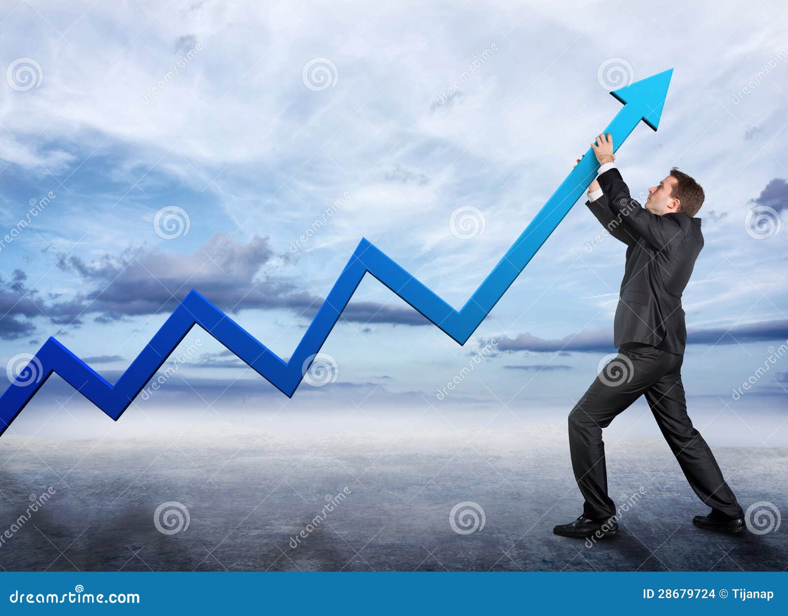 Businessman Pushing a Graphic Arrow Up Stock Photo - Image of grow ...