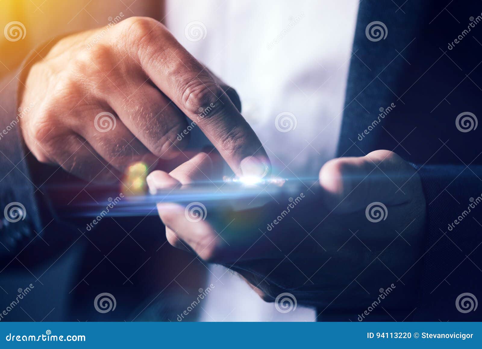 Businessman Pushing Mobile Phone Touch Screen Stock Photo - Image of ...