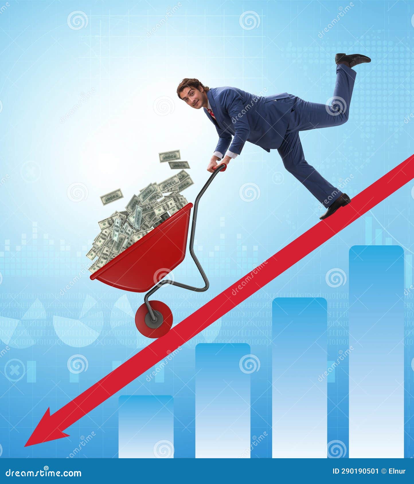 Businessman Pushing Money Wheelbarrow Down the Chart Stock Image ...