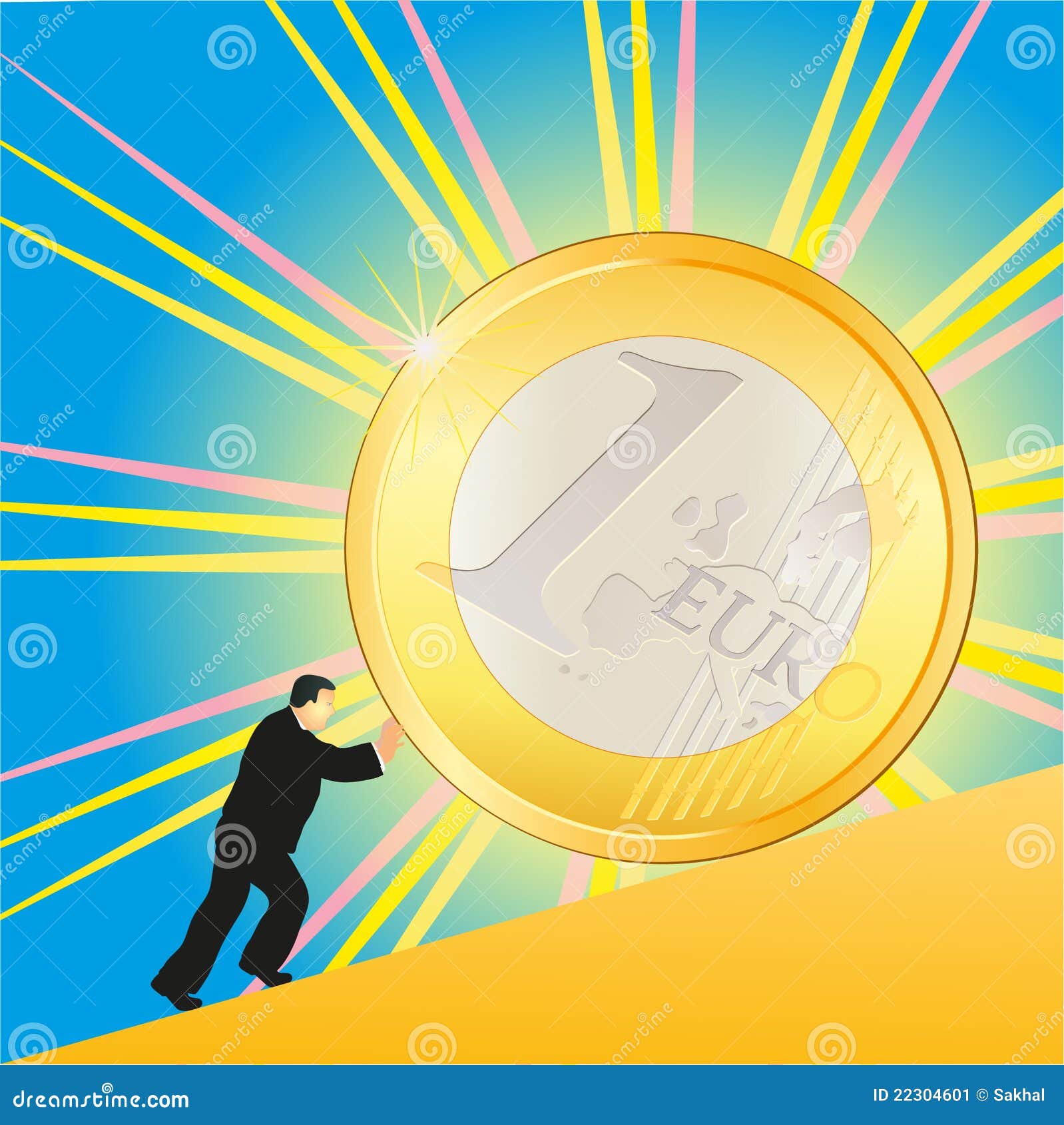 Businessman Pushing Shining Euro Coin Stock Vector - Illustration of ...