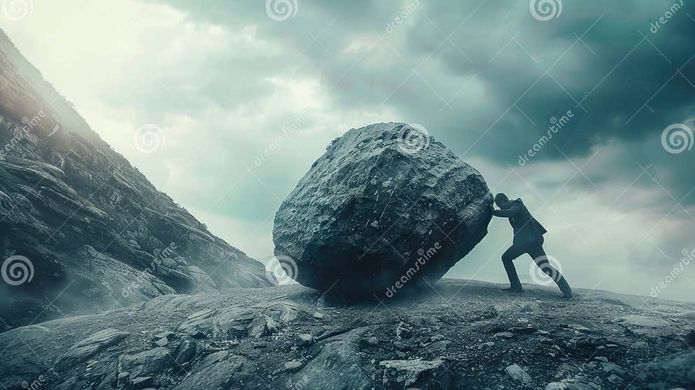 Businessman Pushing Stone Uphill, Symbolizing Challenges, Ai Generated ...