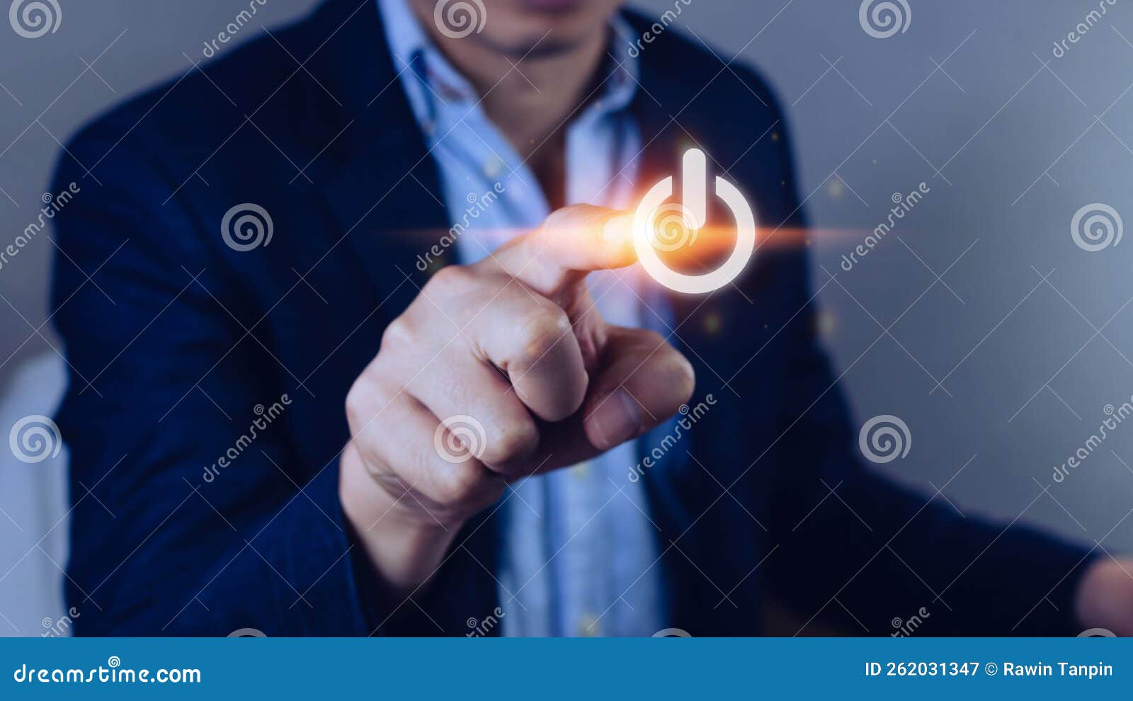 Businessman Pushing Visual Touch Screen Power Button with His Finger ...