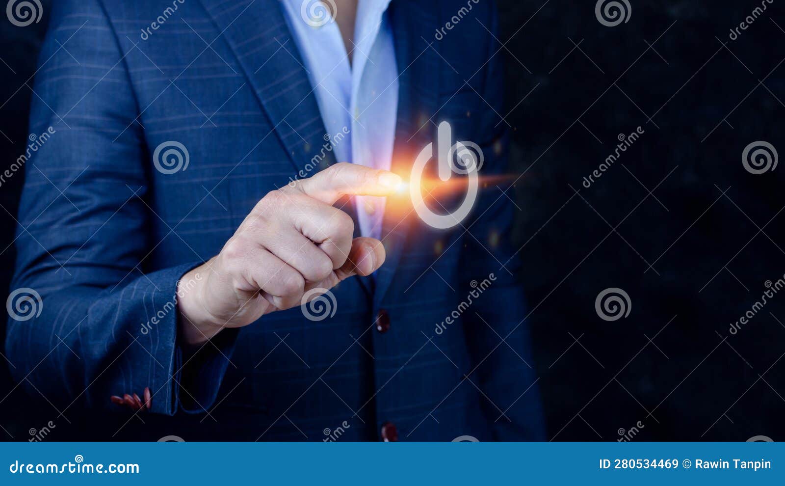 Businessman Pushing Visual Touch Screen Power Button with His Finger ...
