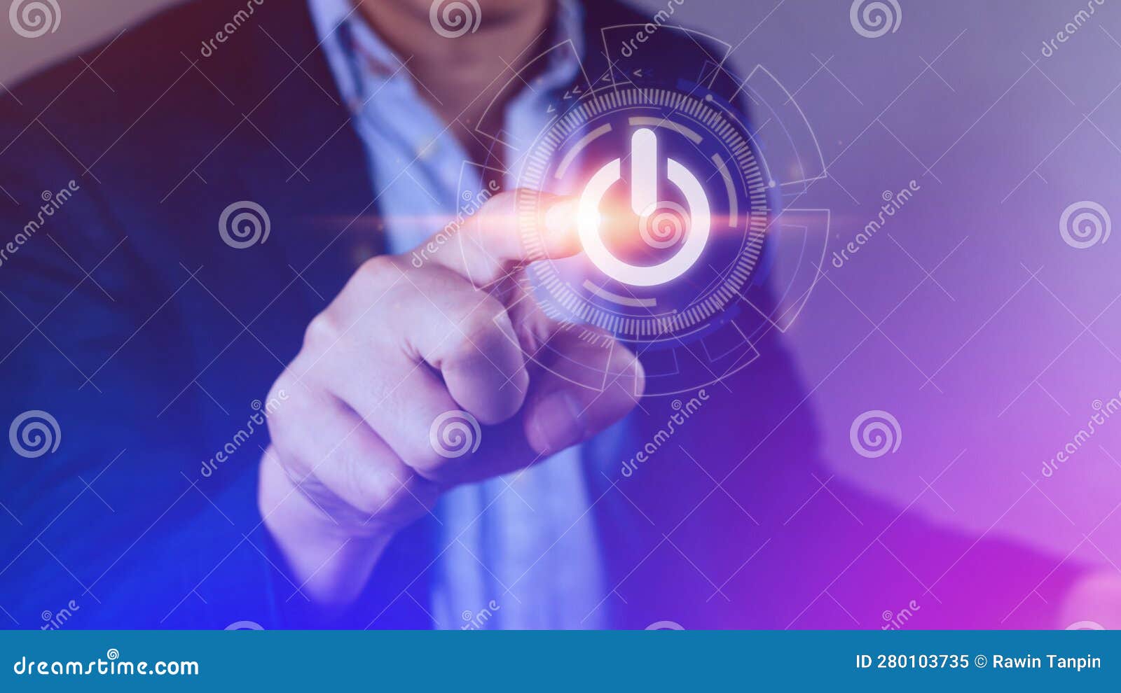 Businessman Pushing Visual Touch Screen Power Button with His Finger ...