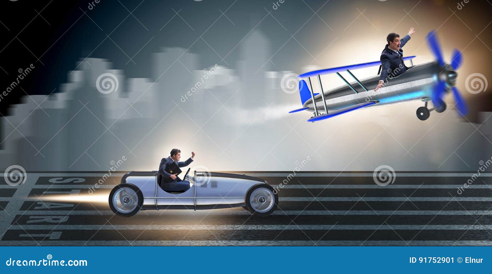 The Businessman Racing on Car and Airplane Stock Image - Image of ...