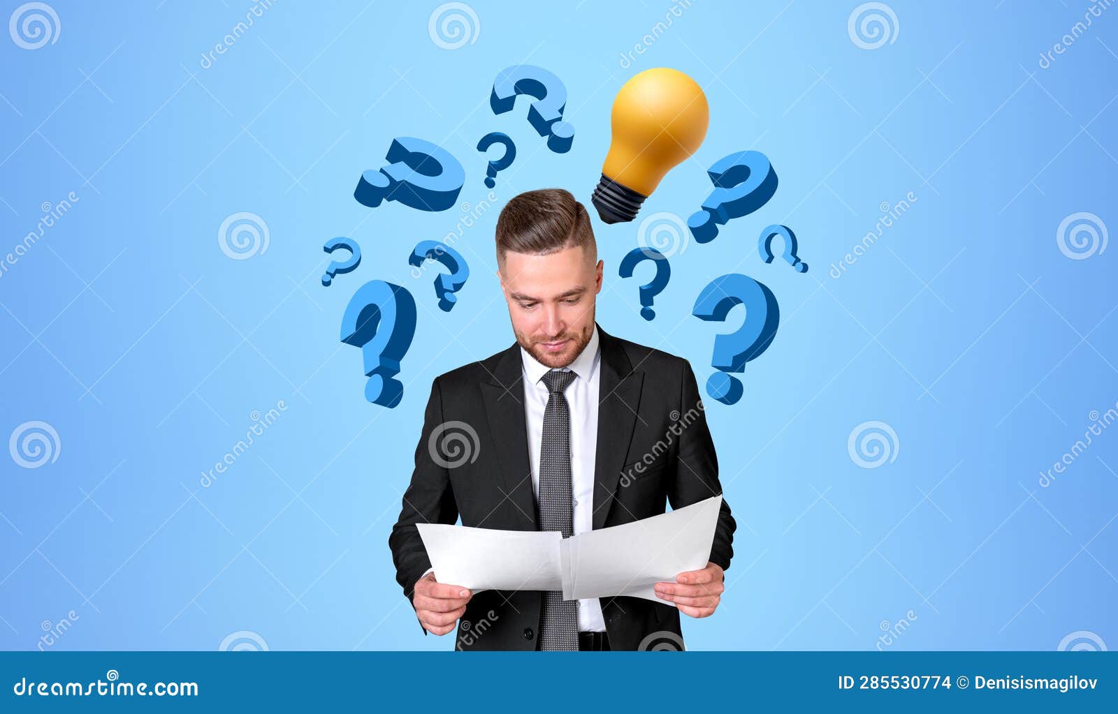 Businessman Reading Contract with Question Markes and Lightbulb Icons ...