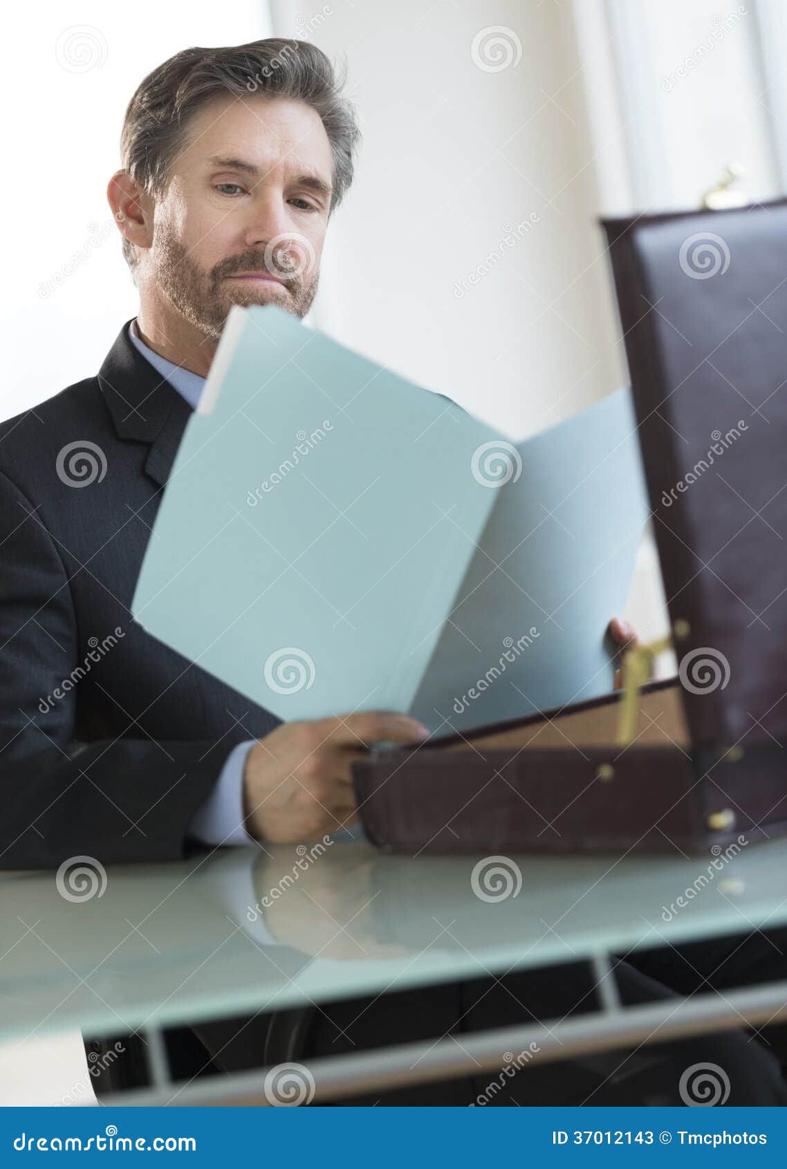 Businessman Reading Notes in File at Desk Stock Image - Image of ...