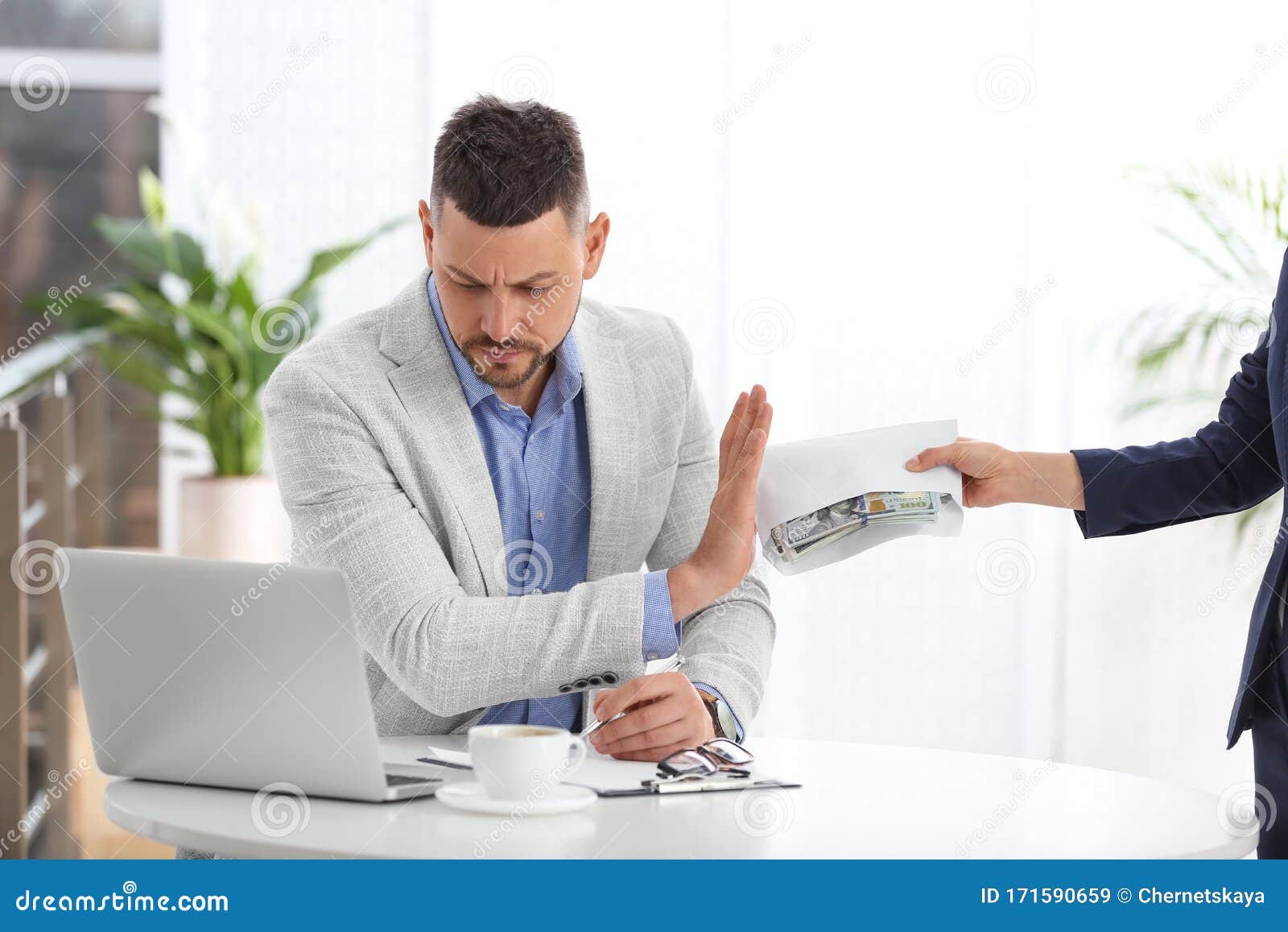 Businessman Refusing To Take Bribe at Table Stock Image - Image of ...