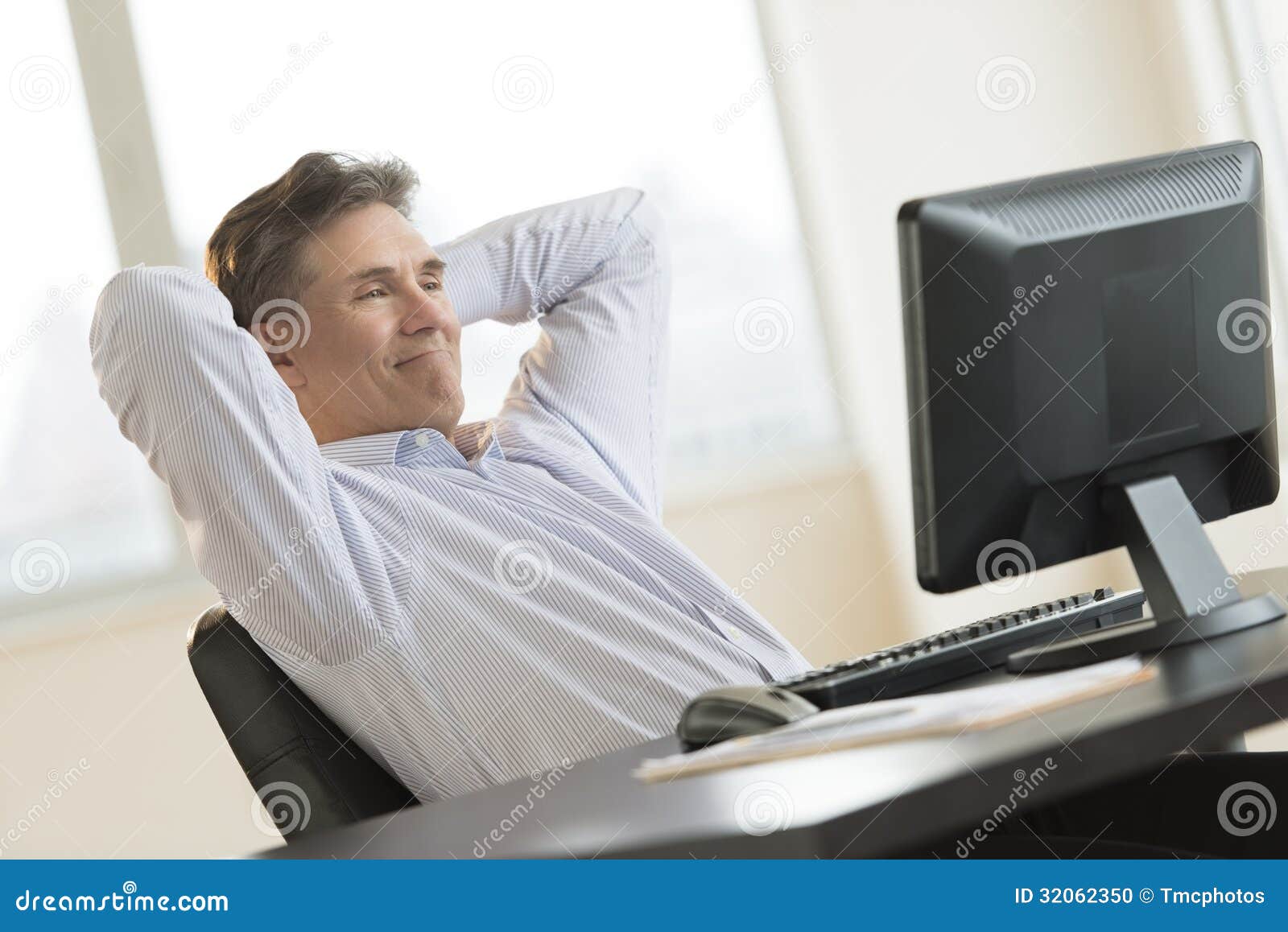 Businessman Relaxing while Looking at Desktop Pc Stock Photo - Image of ...