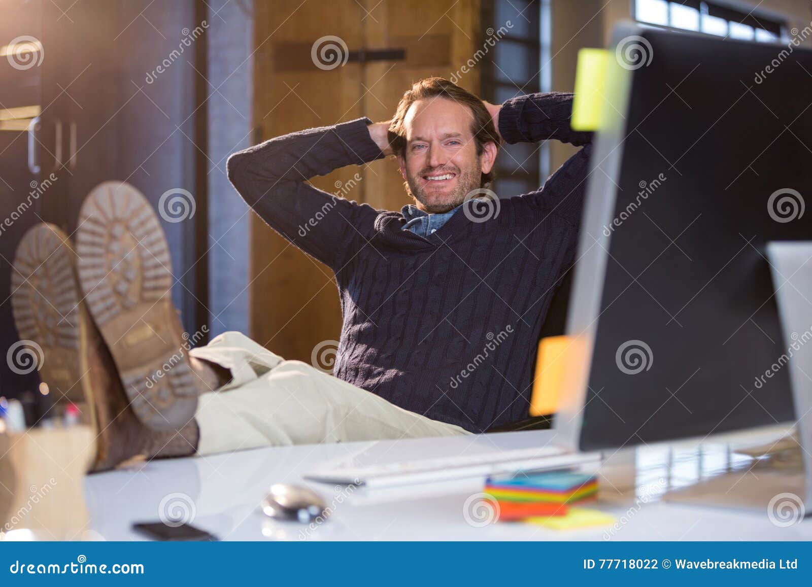 Businessman Resting at Computer Desk Stock Photo - Image of focus ...