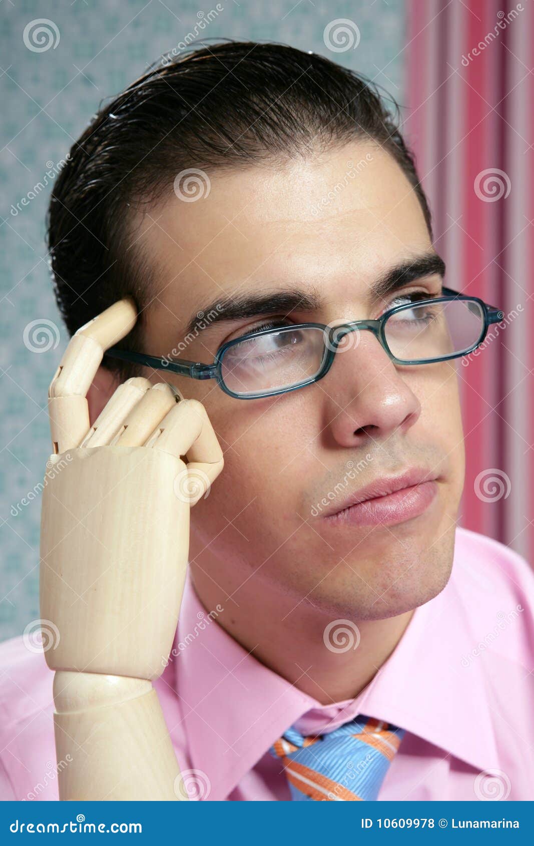 Businessman Retro Thinking with Wooden Finger Stock Photo - Image of ...