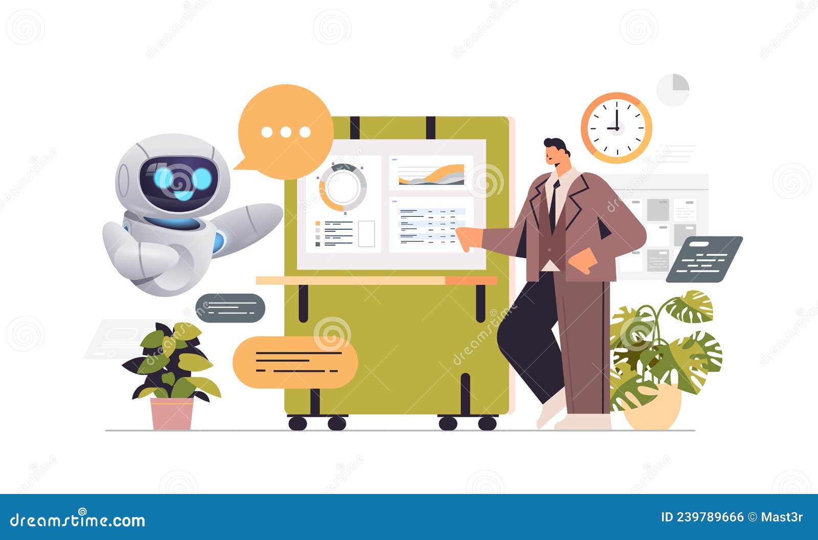 Businessman with Robot Analyzing Financial Statistics Data in Office ... Businessman with Robot Analyzing Financial Statistics Data in Office ...
