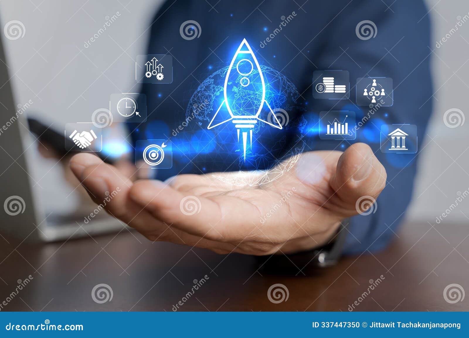 Businessman and Rocket Start Flying Up and Network Line Connection. Startup Concept Strategy ...