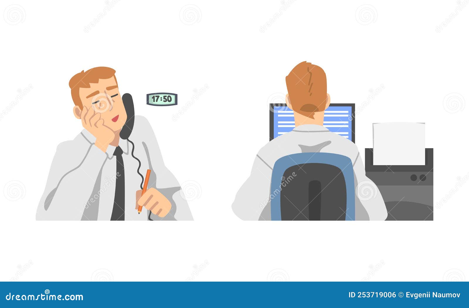 Businessman daily Routine Set. Guy Working at Computer and Talking on ...