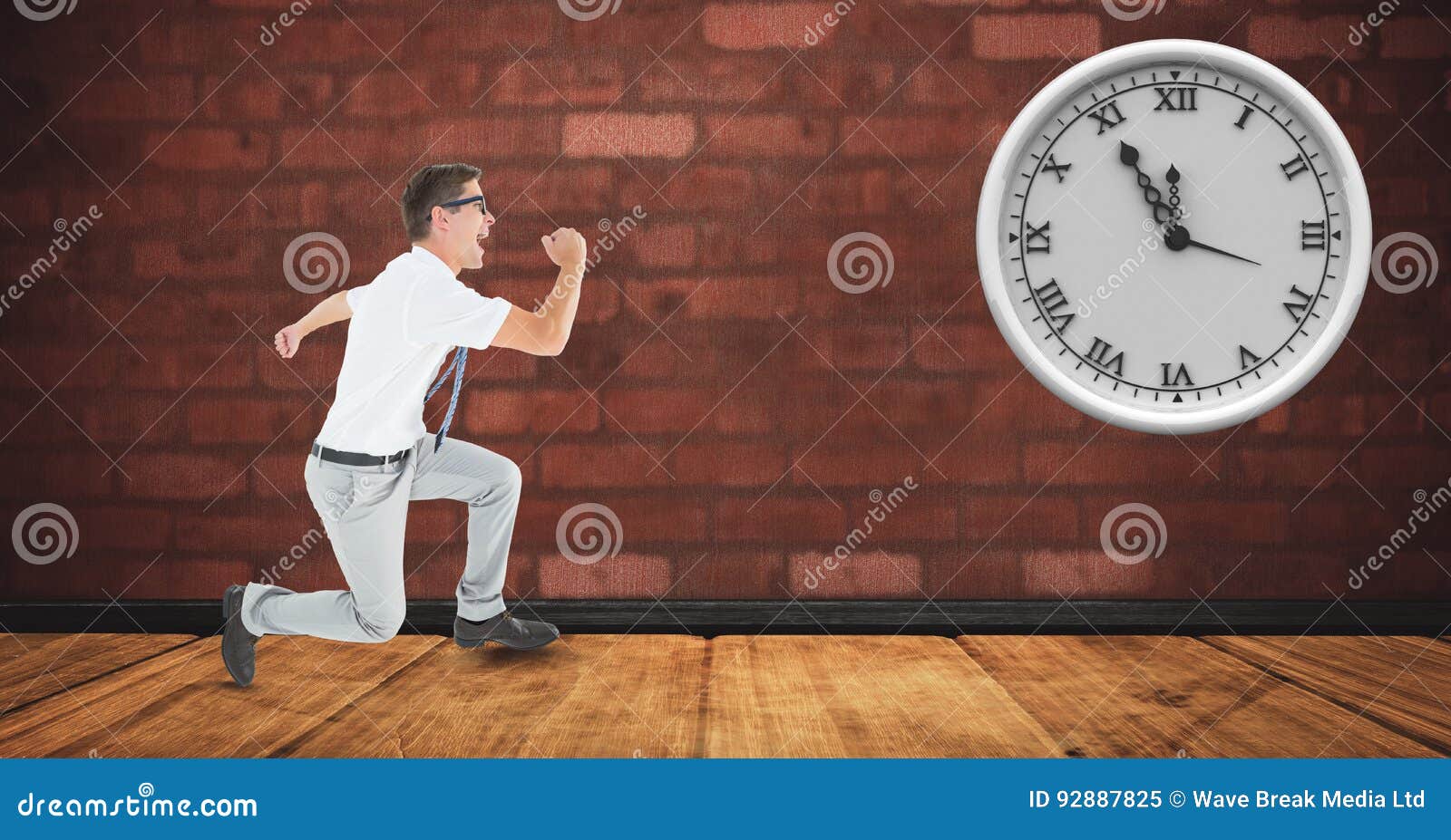 Businessman Running with Clock Mounted on Brick Wall Stock Illustration ...