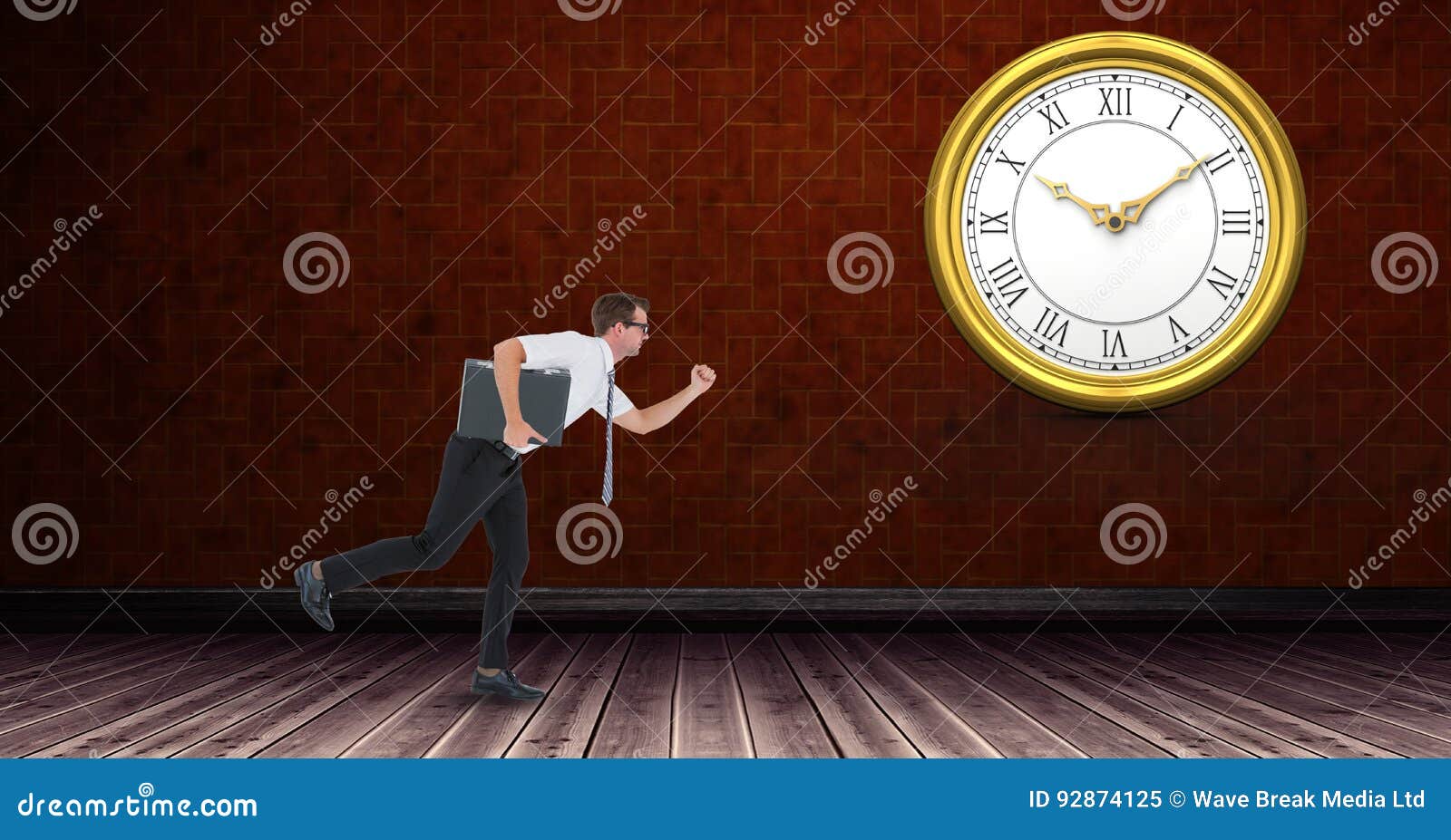 Businessman Running Late with Clock in Background Stock Image - Image ...
