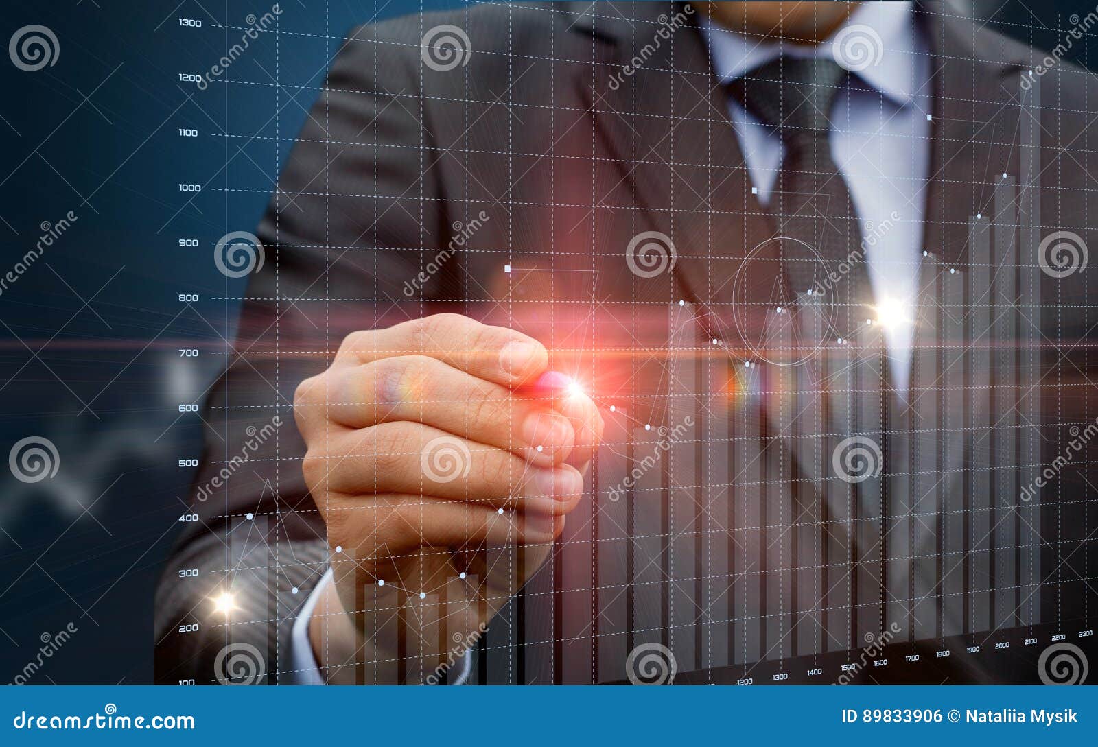 Businessman Running with Statistics on the Virtual Screen. Stock Photo ...