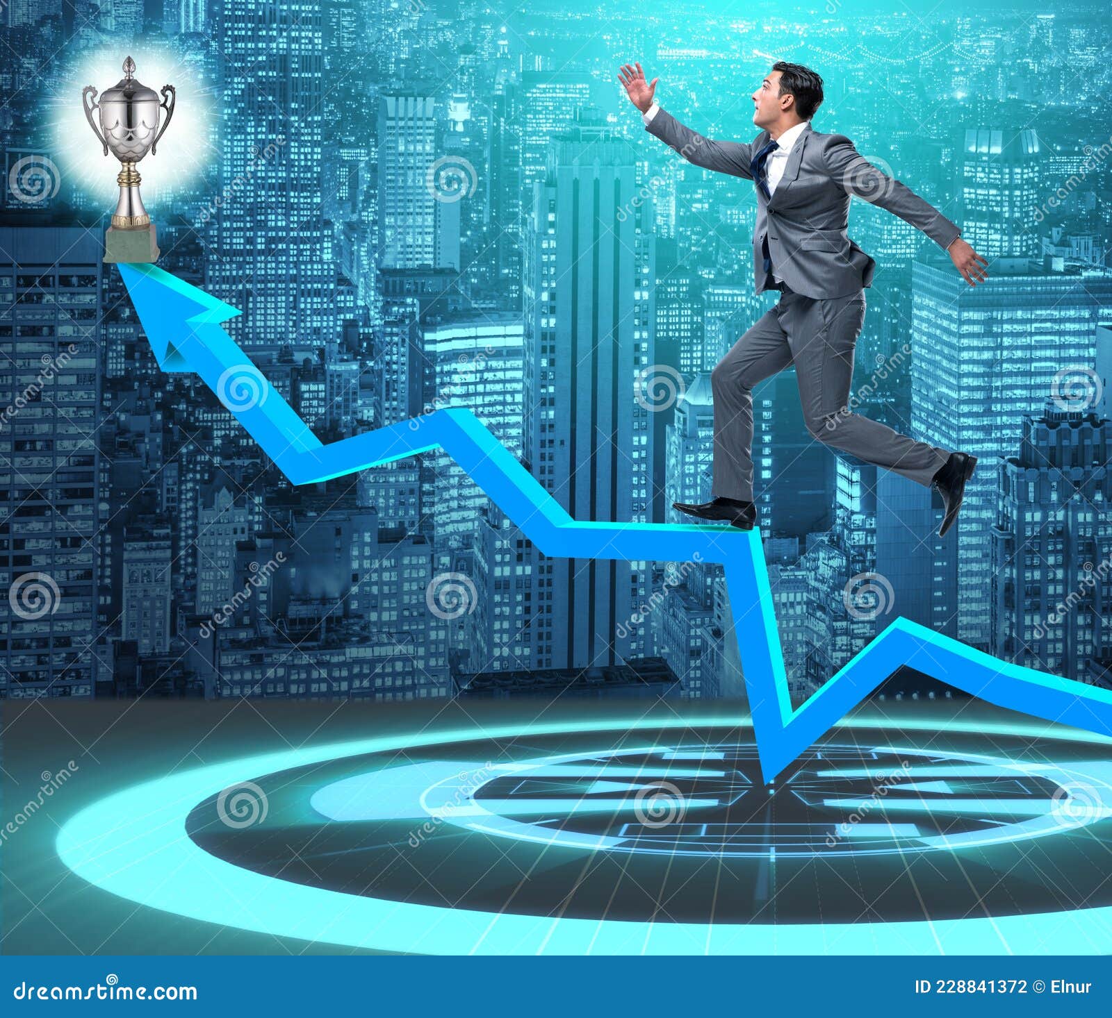 Businessman Running Towards Prize Cup Trophy Stock Photo - Image of ...