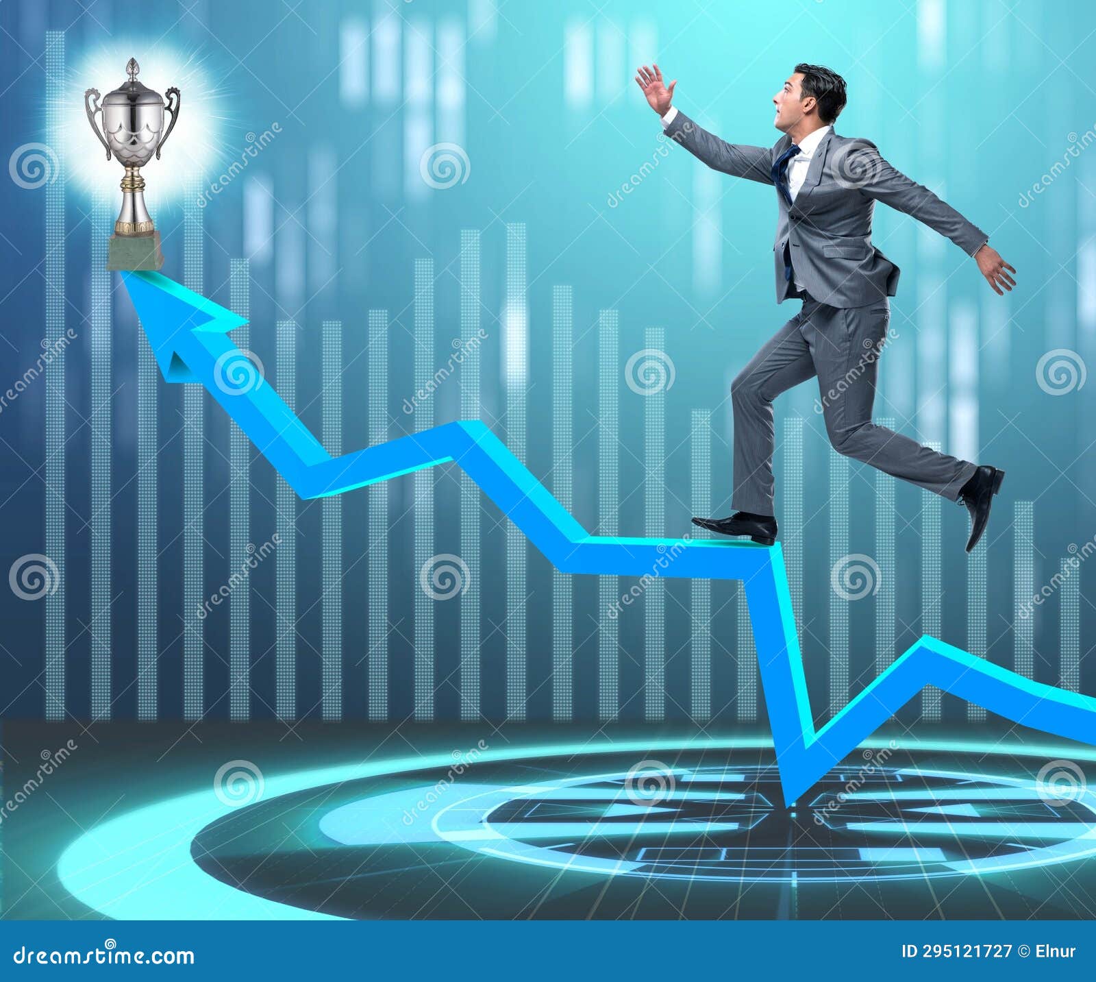 Businessman Running Towards Prize Cup Trophy Stock Image - Image of ...