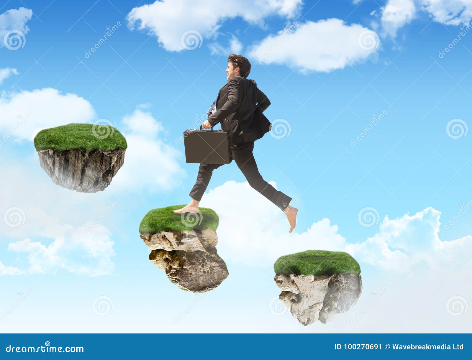 Businessman Running Up Steps of Floating Rock Platforms in Sky Stock ...
