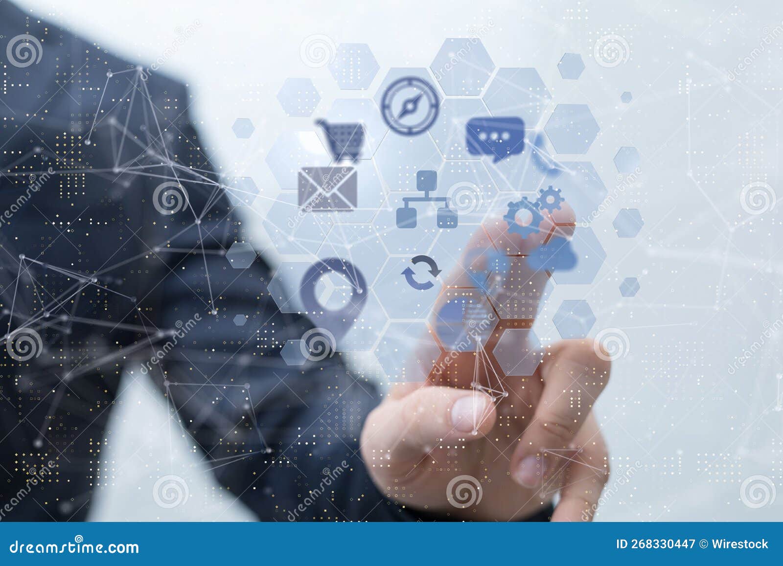 Businessman S Hand Tapping a Digital Floating Render of a Network of ... Businessman S Hand Tapping a Digital Floating Render of a Network of ...