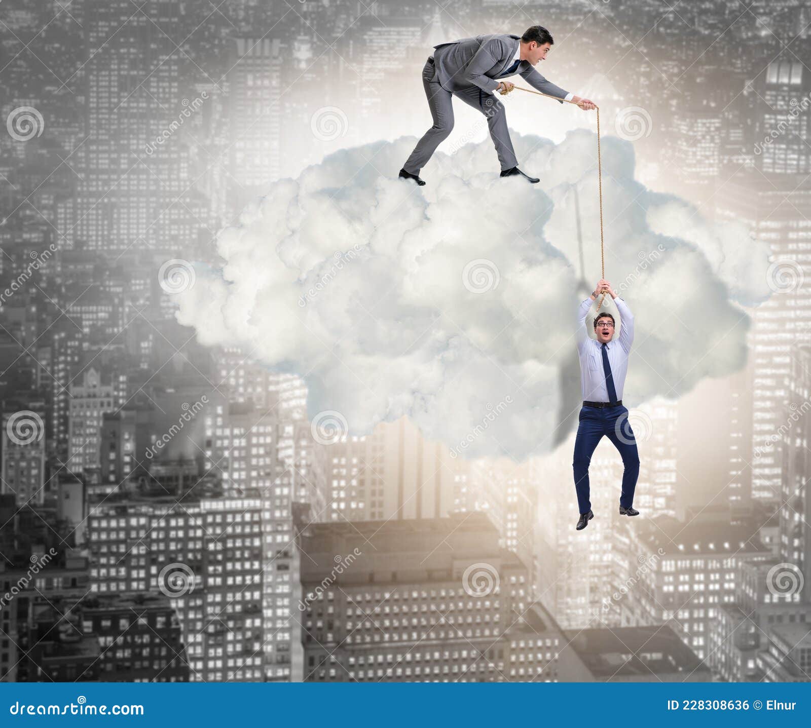 Businessman Saving Colleague by Pulling Rope Stock Photo - Image of ...