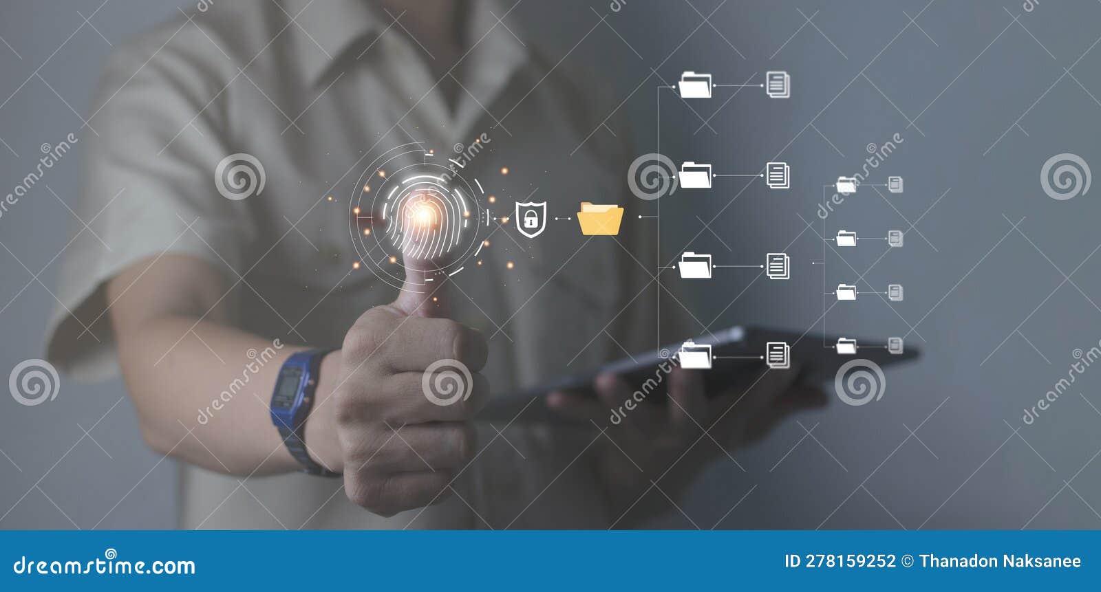 Businessman Scans Finger To Access Document Information Online through ...