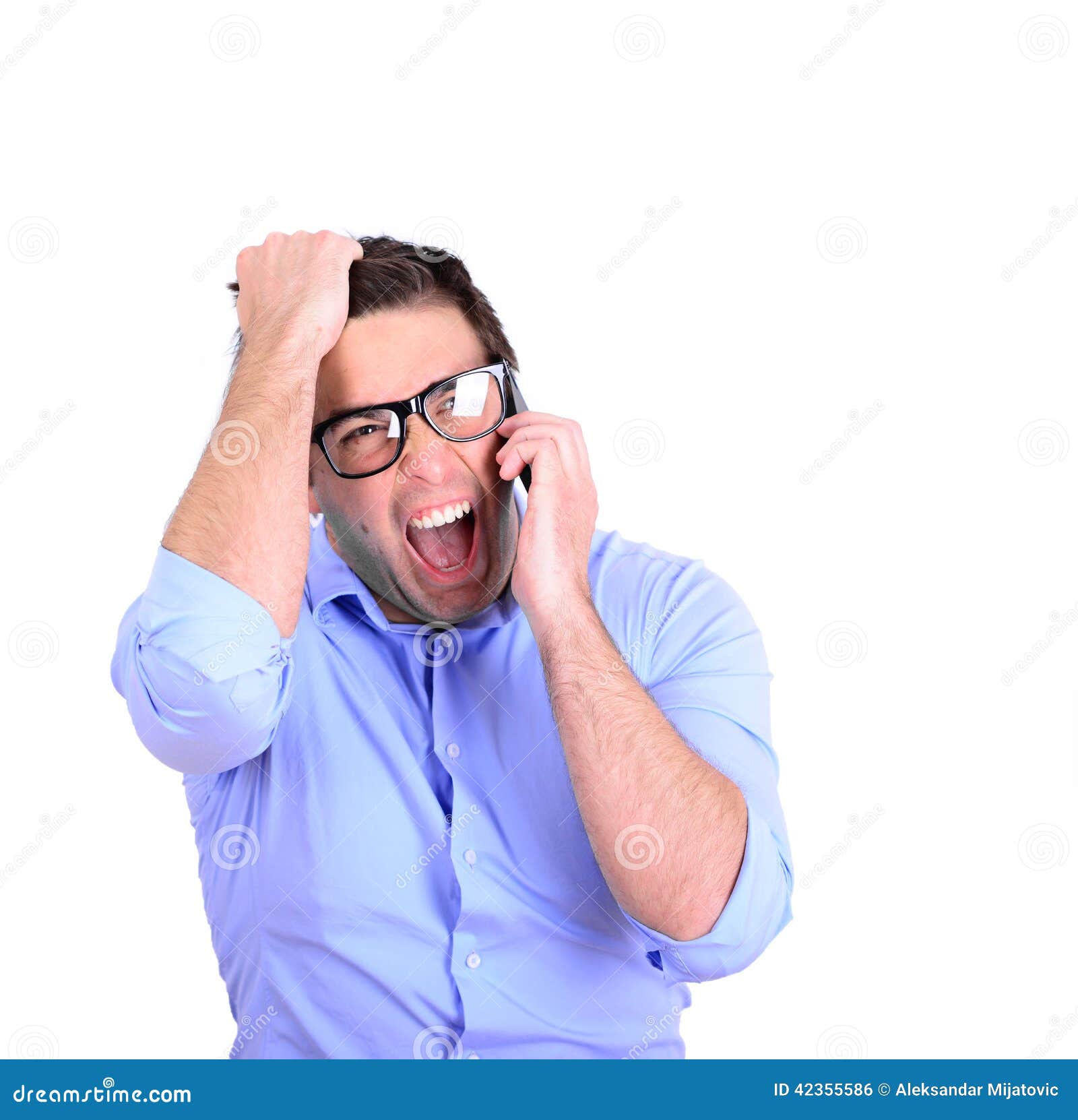 Businessman Screaming while Having Conversation on Cell Phone Stock ...