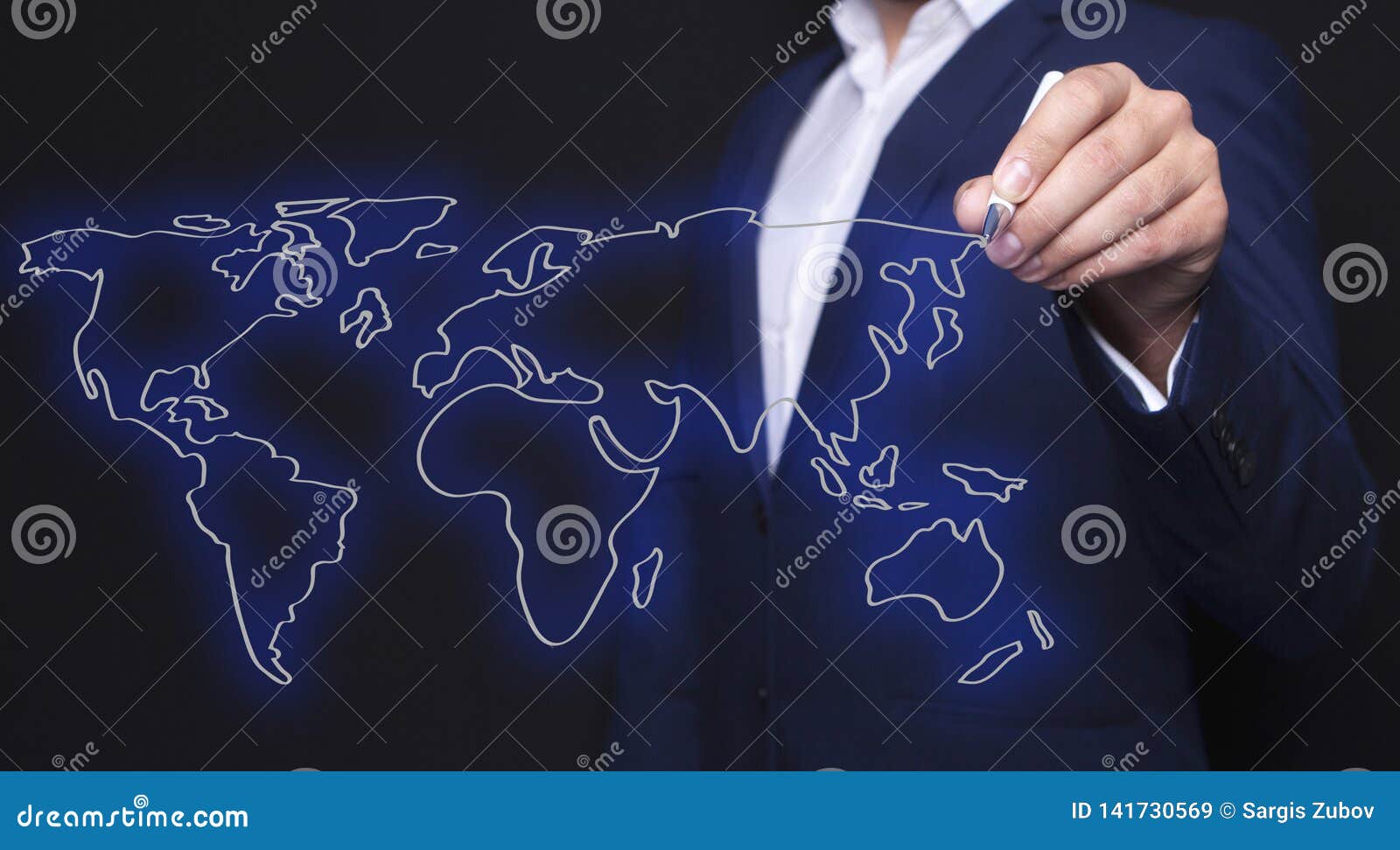 Man Touch World Map And Initiates Communication Stock Photography ...