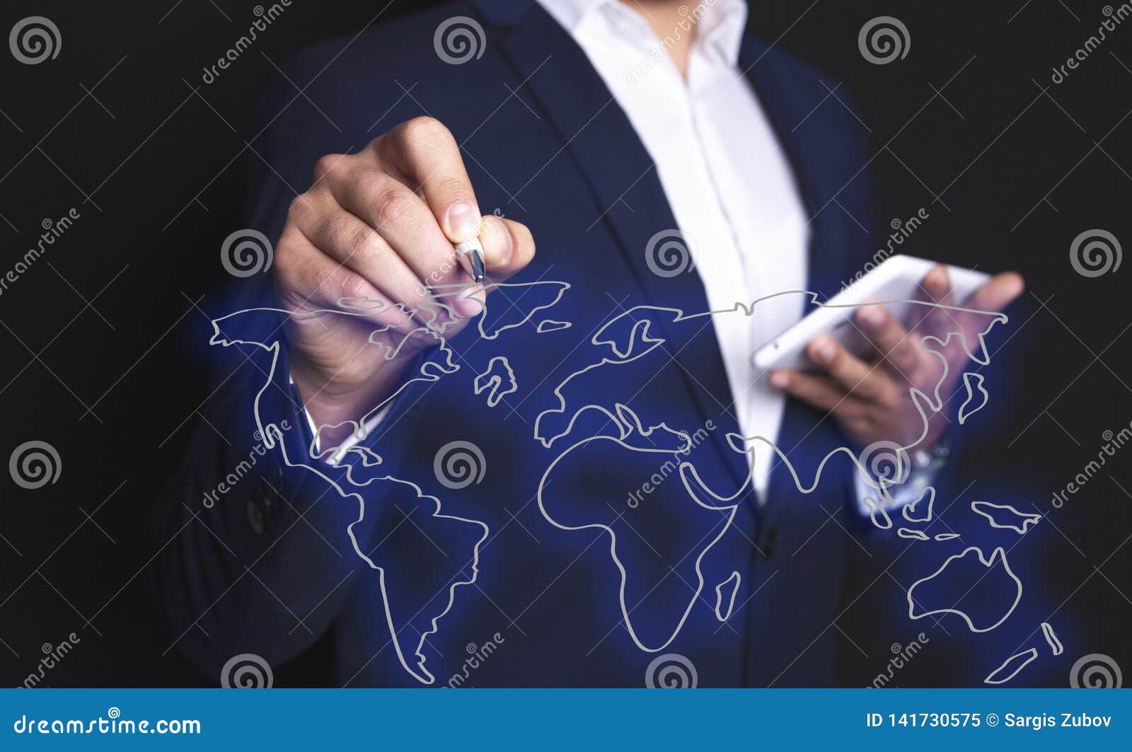 Man Touch World Map And Initiates Communication Stock Photography ...