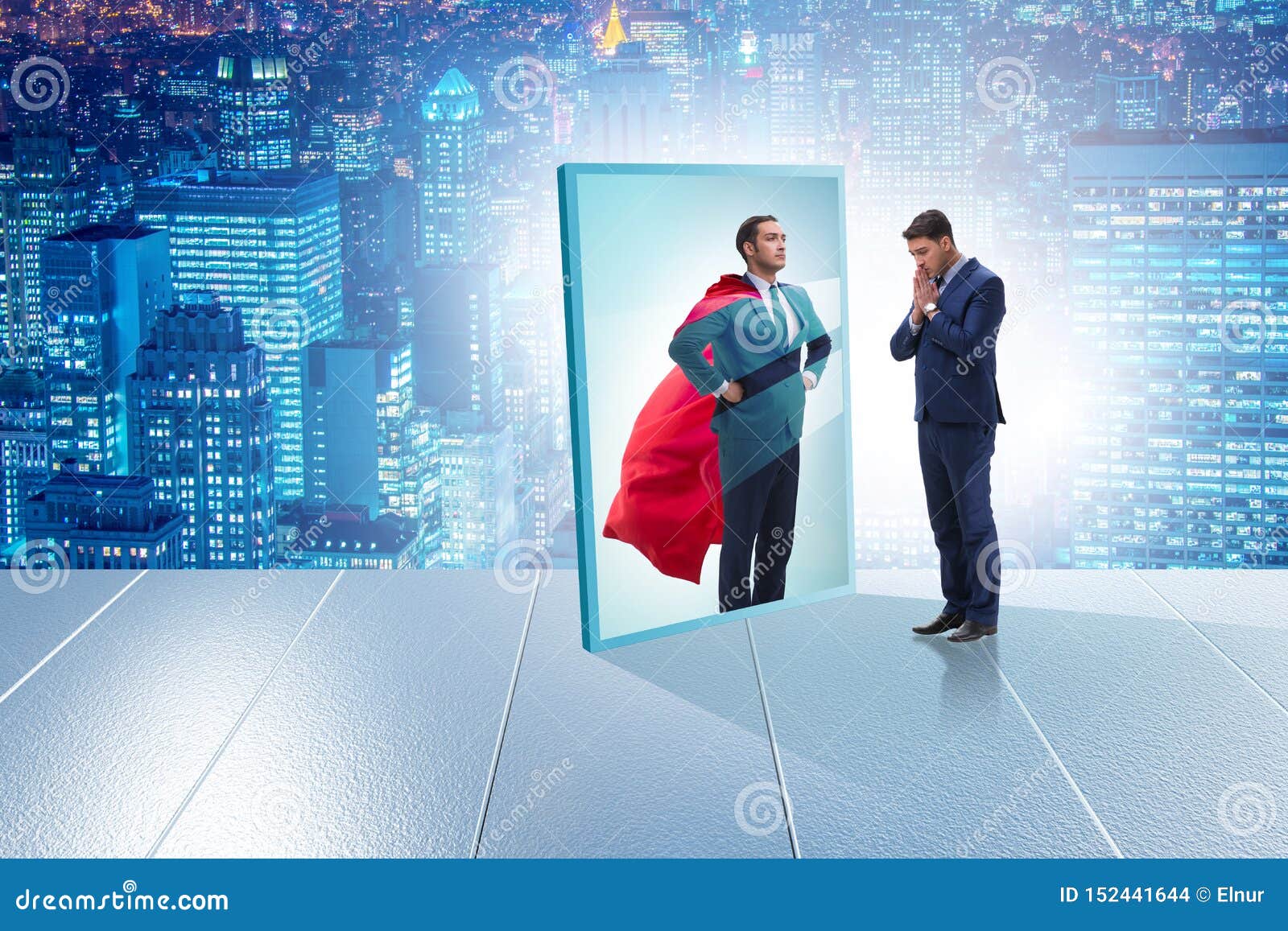 Businessman Seeing Himself in Mirror As Superhero Stock Photo - Image ...