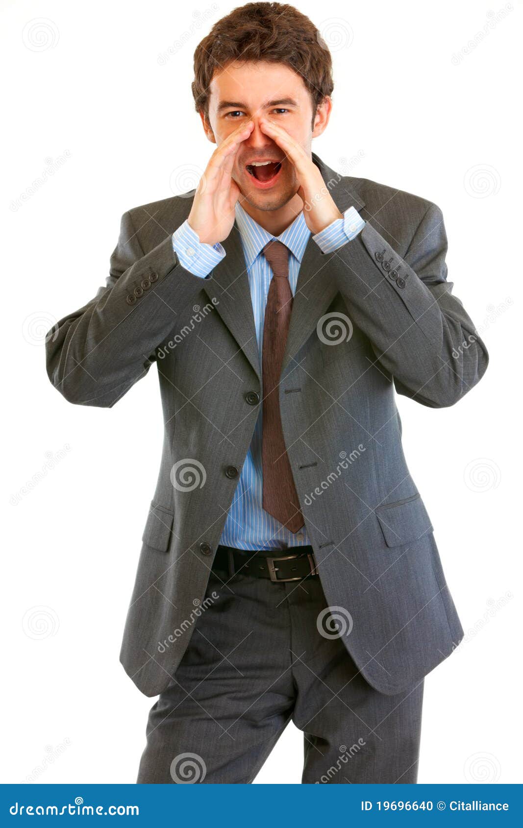 Businessman Shout through Megaphone Shaped Hand Stock Photo - Image of ...