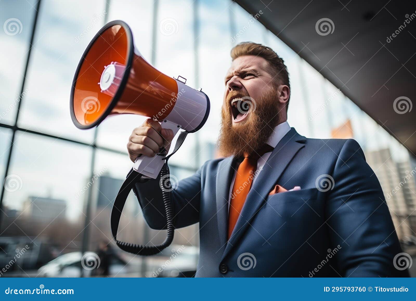 Businessman Shouting through a Megaphone Outside in Front of Office ...