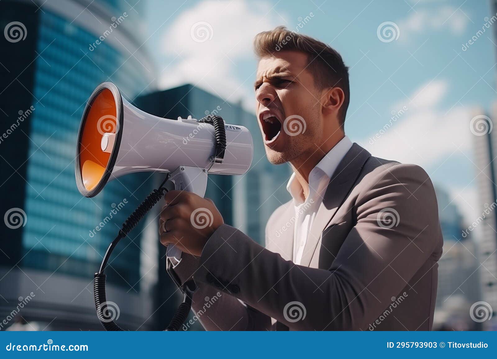 Businessman Shouting through a Megaphone Outside in Front of Office ...